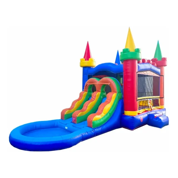 Double Lane Modular Rainbow Castle Combo with Water Pool – Party Rental ...